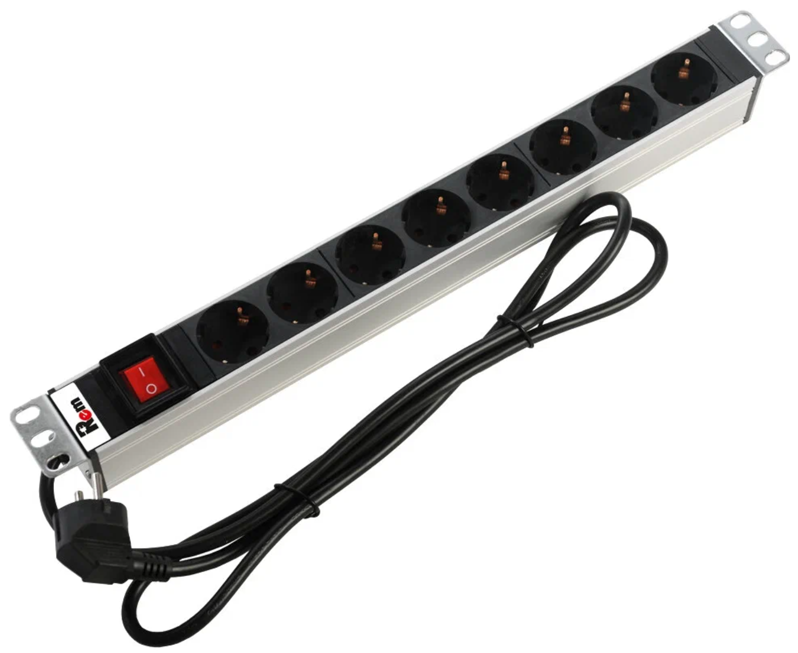 Блок розеток Rem-16 с выкл, 8 Schuko, 16A, алюм, 19", шнур 1,8 м. R-16-8S-V-440-1.8