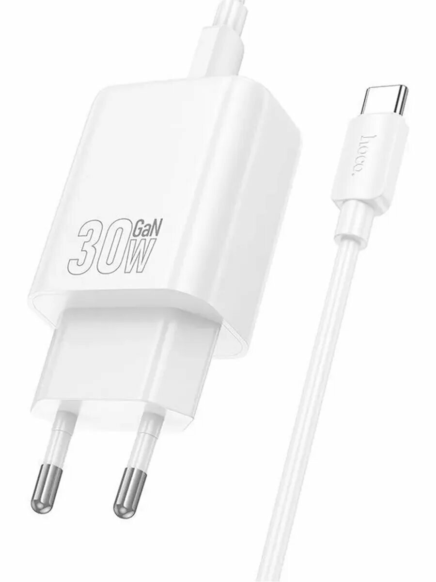 Сетевое зарядное устройство Hoco N63 GaN USB-A+USB-C PD30W + кабель Type-C, белый (быстрая зарядка iPhone, Android)