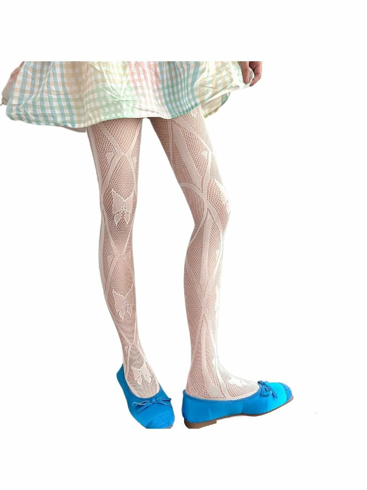 Сексуальные сетчатые колготки с ромбами и бабочками, Молочно - белый