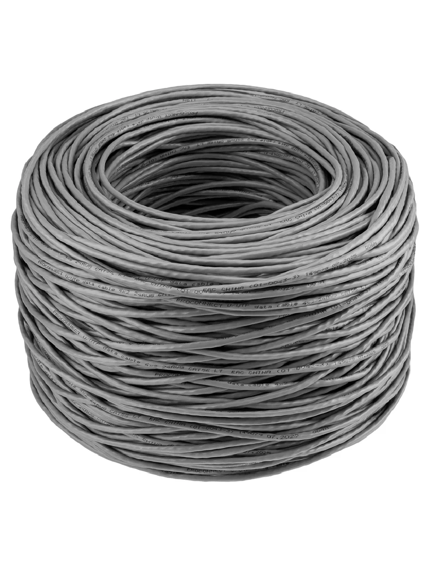 Кабель витая пара U/UTP 5e кат. 4 пары PROconnect 01-0043-3 24AWG(0.50 мм), омедненный алюминий (CCA), PVC, серый, уп