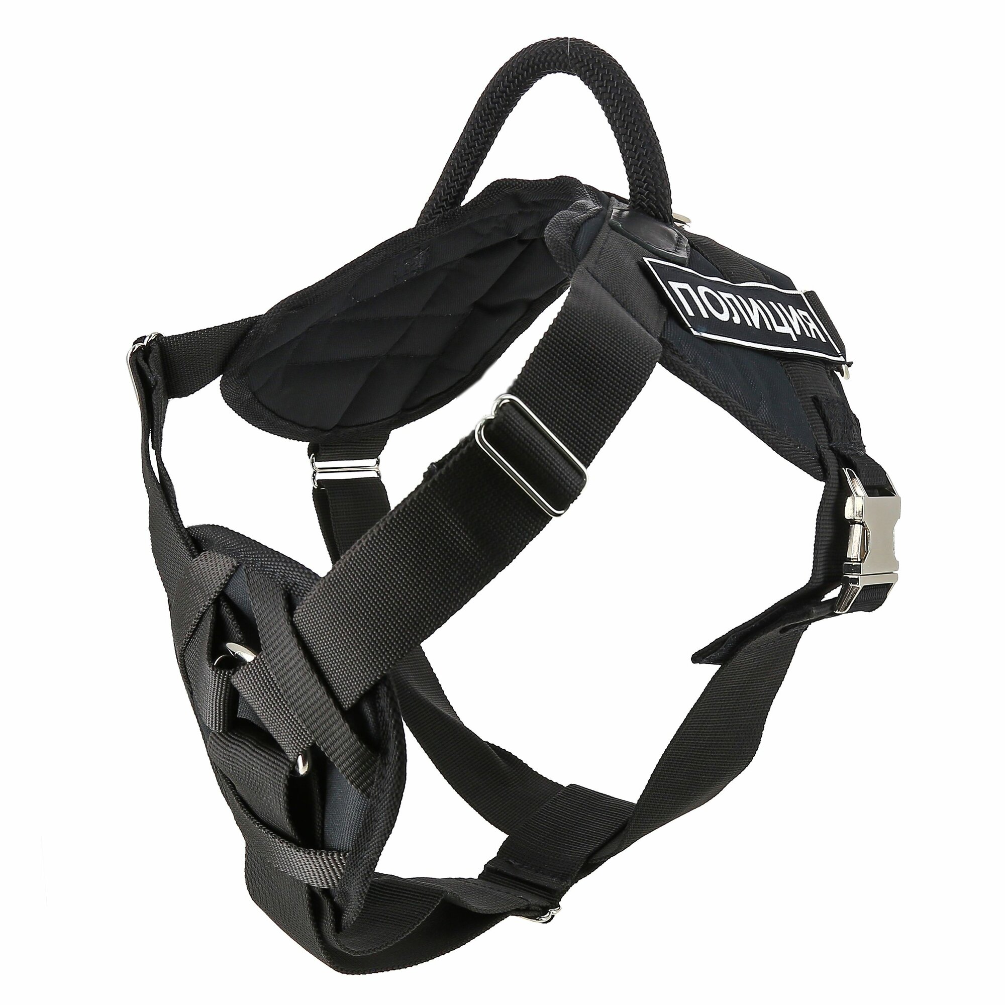 Шлейка нейлоновая с грудью с металлической фурнитурой (разм L) шея 60-80см, грудь 80-110 с нашивками