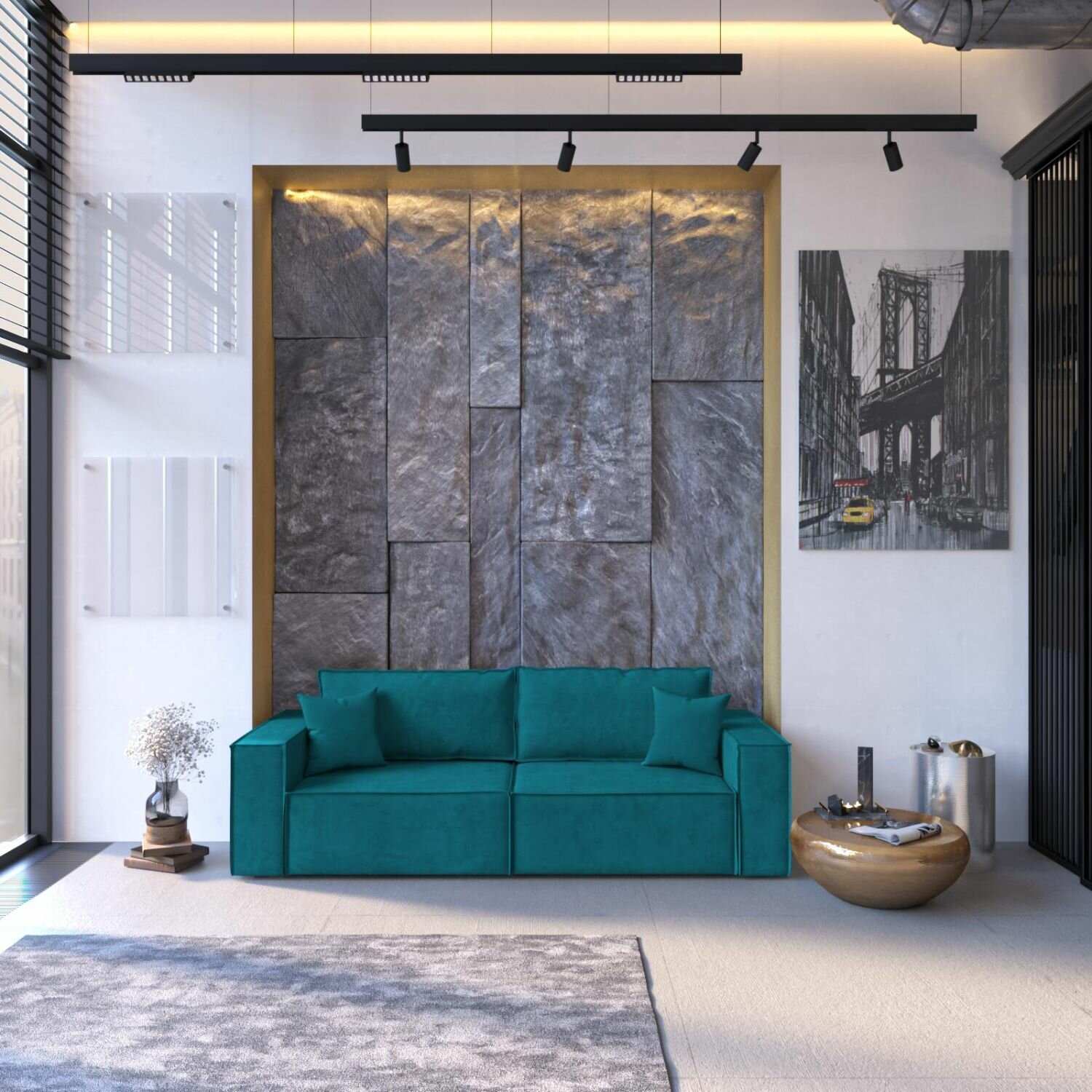 Прямой диван-кровать Manons Maison Hygge, раскладной механизм Еврокнижка, Велюр изумрудный, 250х100х86 см