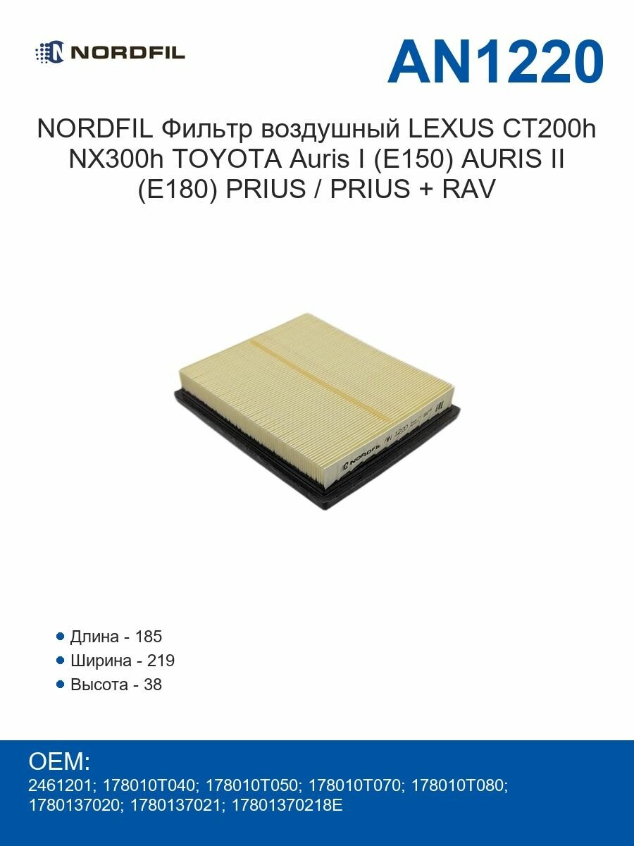 NORDFIL Фильтр воздушный LEXUS CT200h NX300h TOYOTA Auris I (E150) AURIS II (E180) PRIUS / PRIUS + RAV