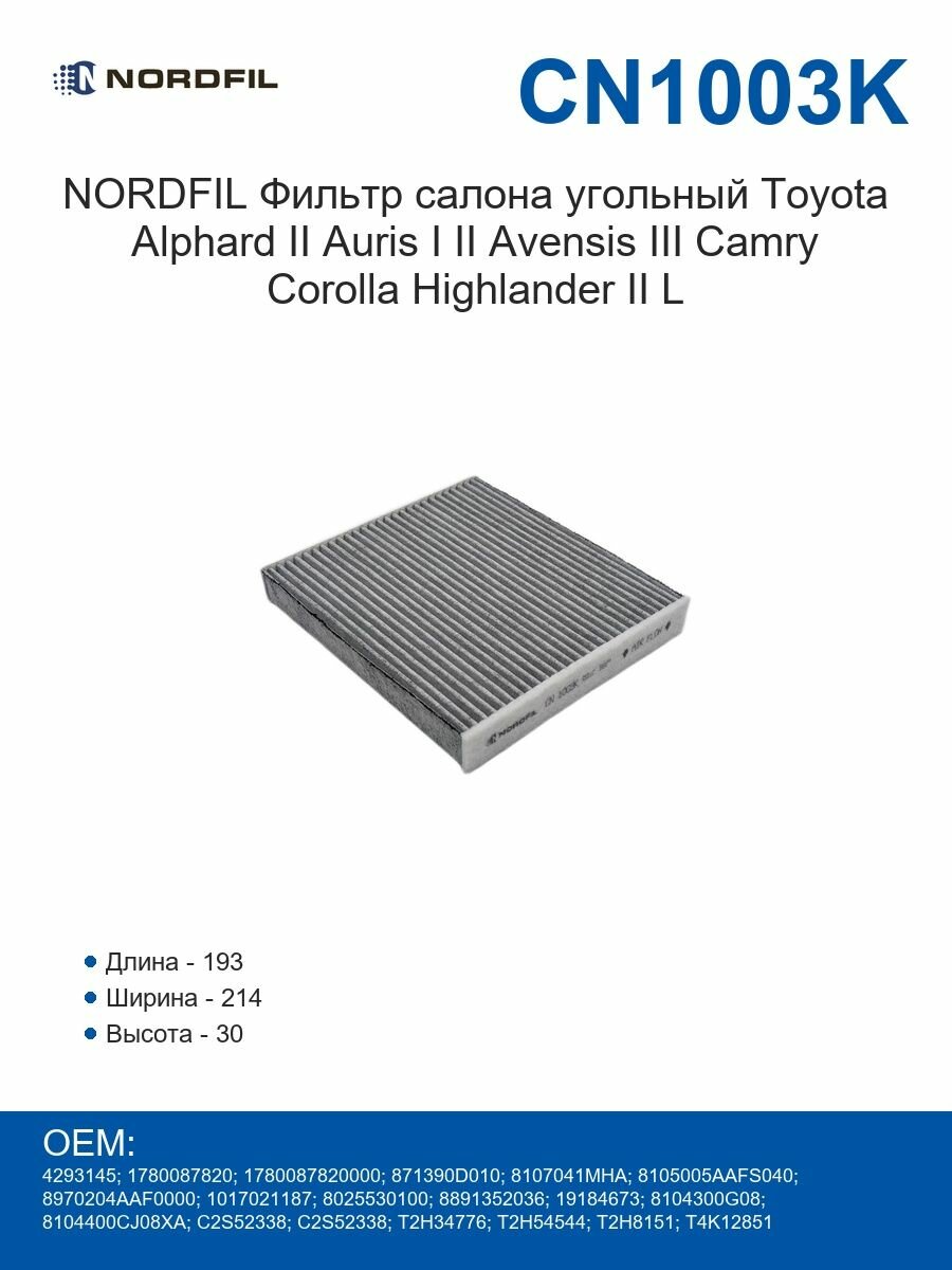 NORDFIL Фильтр салона угольный Toyota Alphard II Auris I II Avensis III Camry Corolla Highlander II L