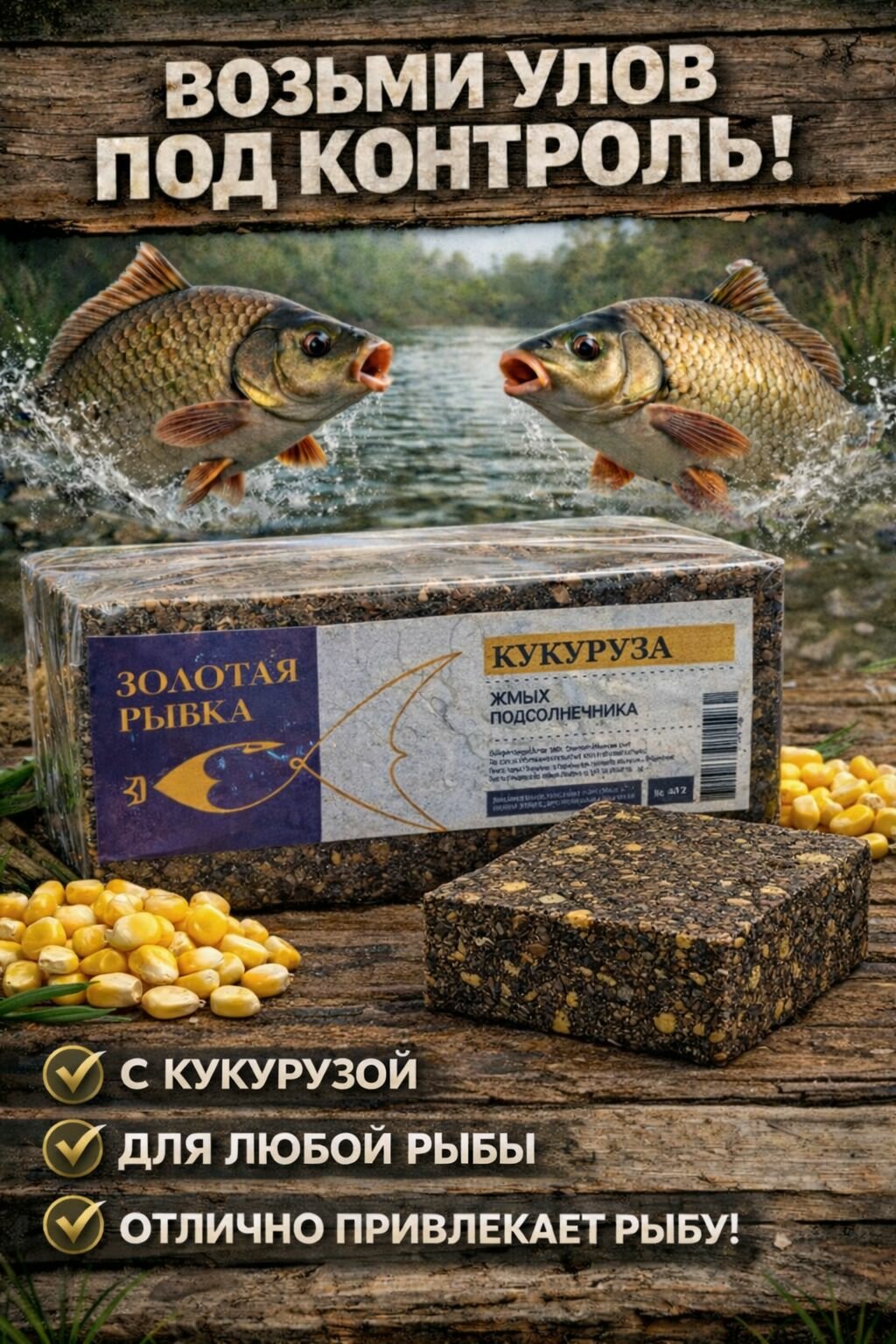 Жмых подсолнечника с отверстиями для крючка "Кукуруза" 10 кубиков / Прикормка для рыбалки