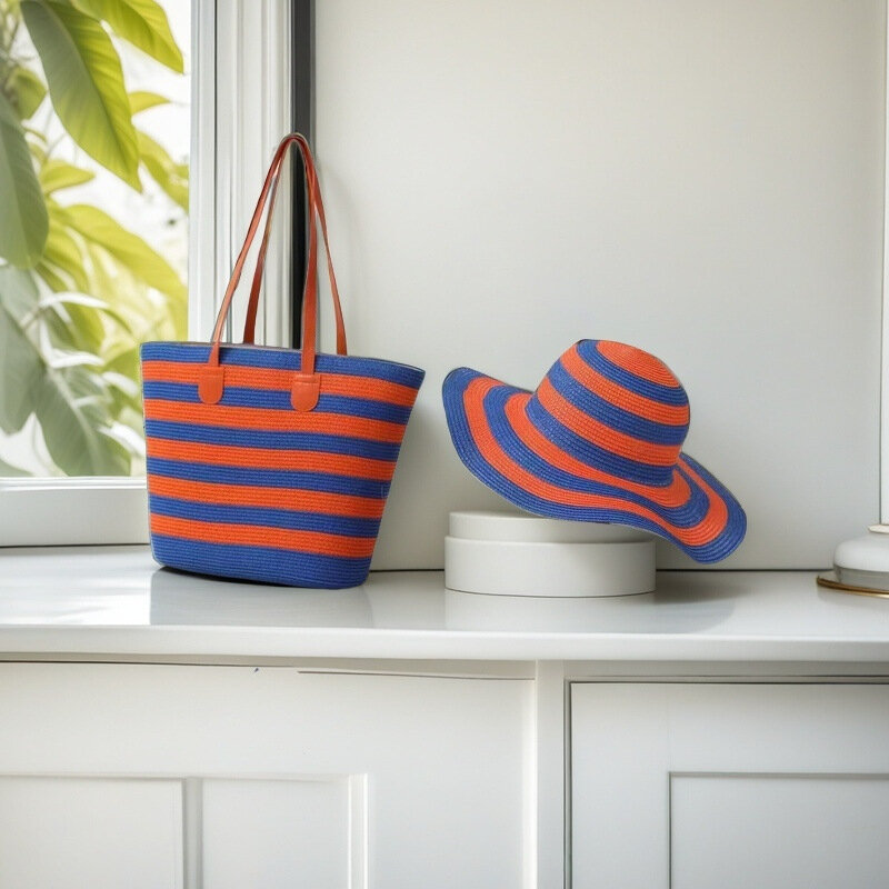 2026 Кросс-бордер Соломенная шляпа Соломенная сумка Двухкомпонентный набор Солнечная шляпа Большая вместимость Полосатая сумка через плечо Пляжная сумка Фабричный магазин