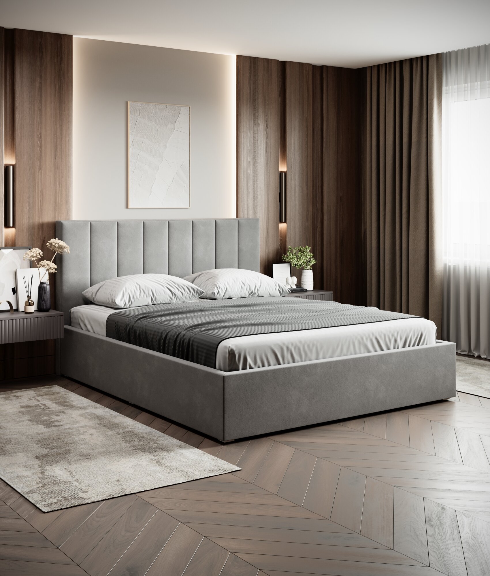 Двуспальная кровать Аврора, с подъемным механизмом, серый велюр , 160х200 см, Fansa