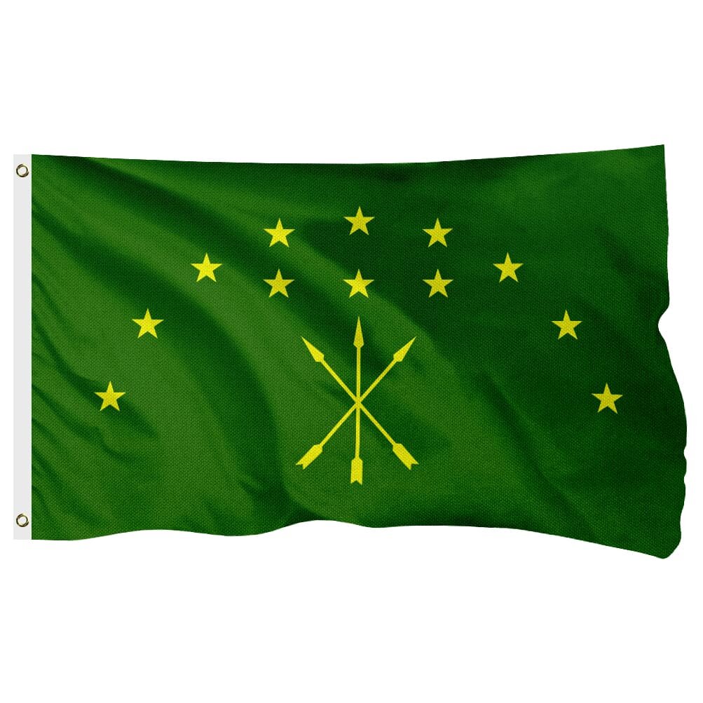 Флаг Республики Адыгея, плотная полиэстеровая ткань 400D, двусторонняя печать, четырёхкратная прошивка по краю, стойкий к выцветанию, с двумя латунными люверсами, подходит для дома и улицы.