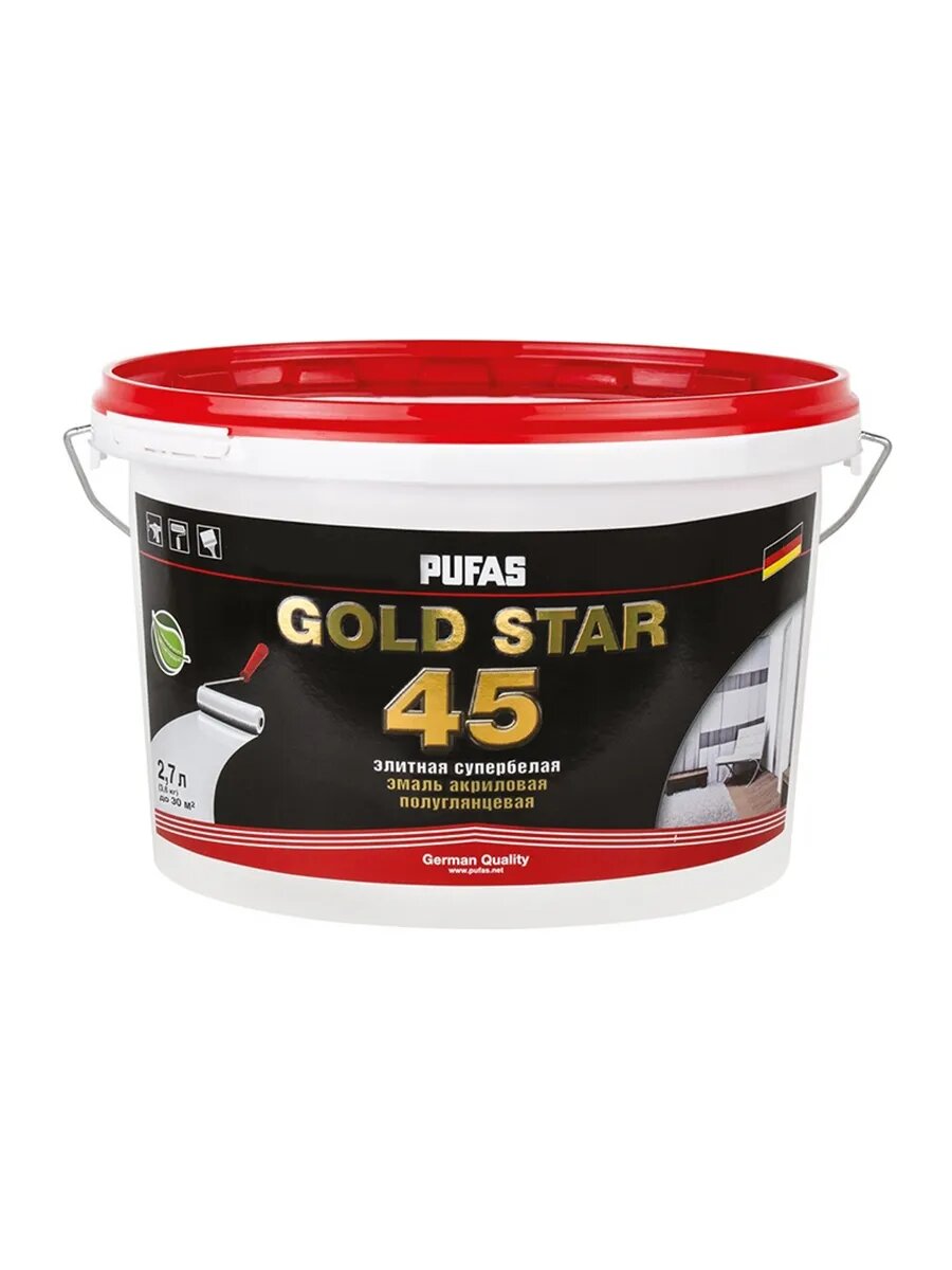 Эмаль Pufas Gold Star 45, акриловая, супербелая, полуглянцевая, 2,7л