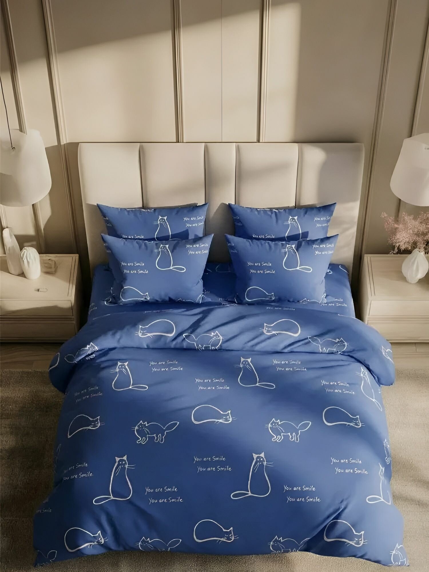 Комплект Постельного Белья. Мягкое На Кровать, Матрас, Диван. Набор Простыня на Резинке, 4 Наволочки, Пододеяльник На Молнии. Хлопок, Сатин, Полисатин. Коты Синие.