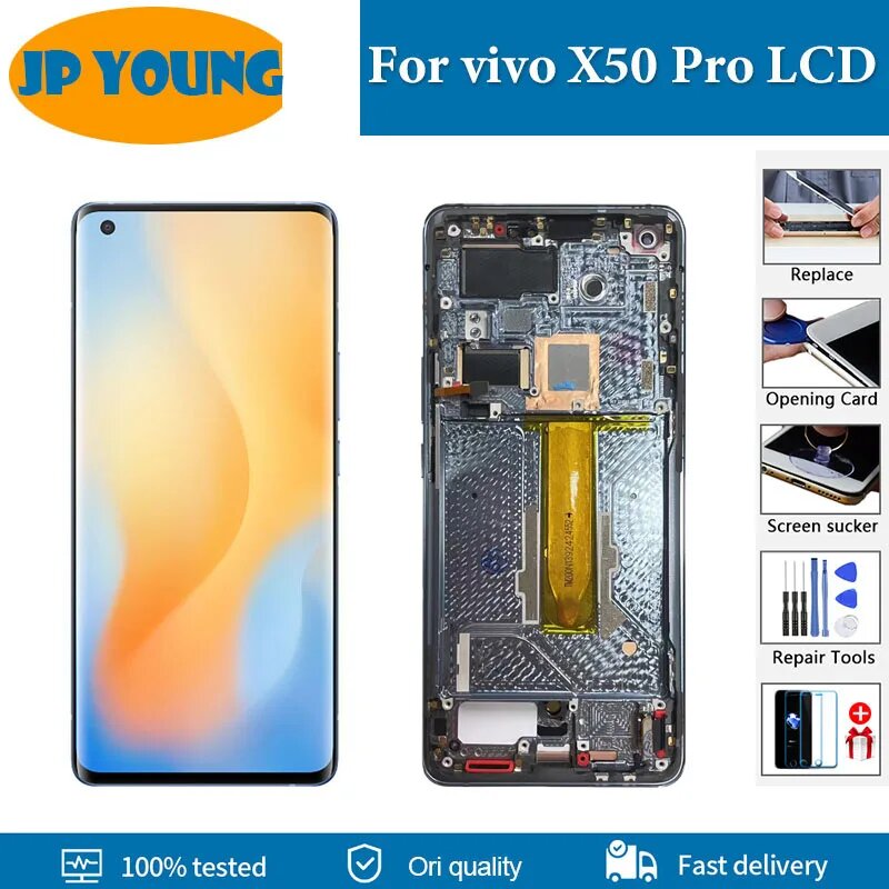 ЖК-дисплей AMOLED 6,56 дюйма для Vivo X50 Pro, V2005A, сенсорный экран, дигитайзер, light blue