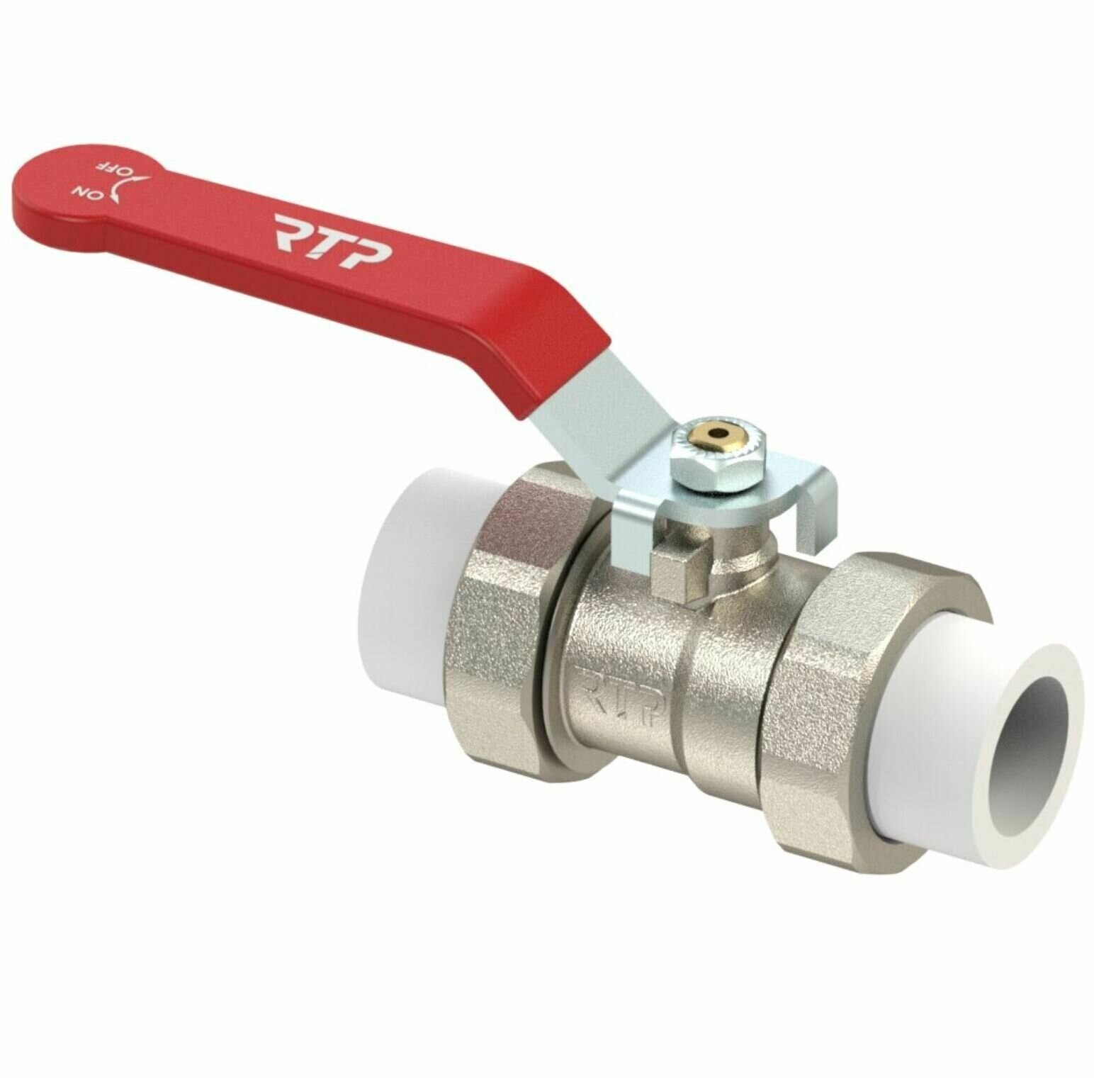 Кран шаровой ручка рычаг, латунь, с двумя переходами на трубу PPR 20, никель, RTP