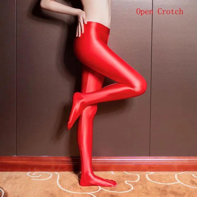 Женские атласные гладкие колготки на молнии с открытой промежностью, масляные Красный, Красный