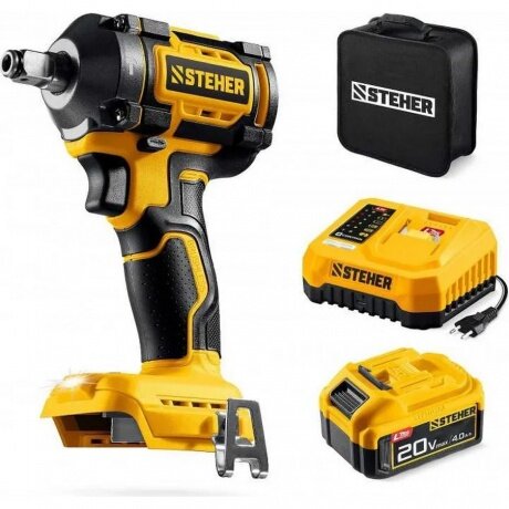 Гайковерт бесщеточный ударный STEHER 20 В, 350 Н·м, 1 АКБ LMS (4 А·ч), сумка (CWB-350-41)
