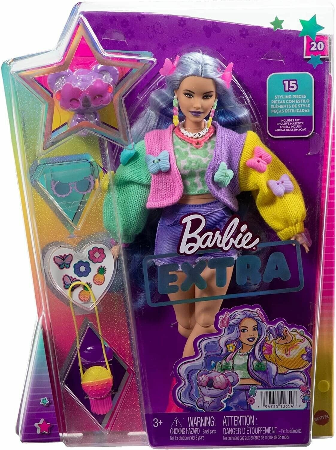 Barbie Extra Doll 20 - Кукла Барби Экстра 20 в лавандовом свитере с бабочками и питомцем Коала HKP95