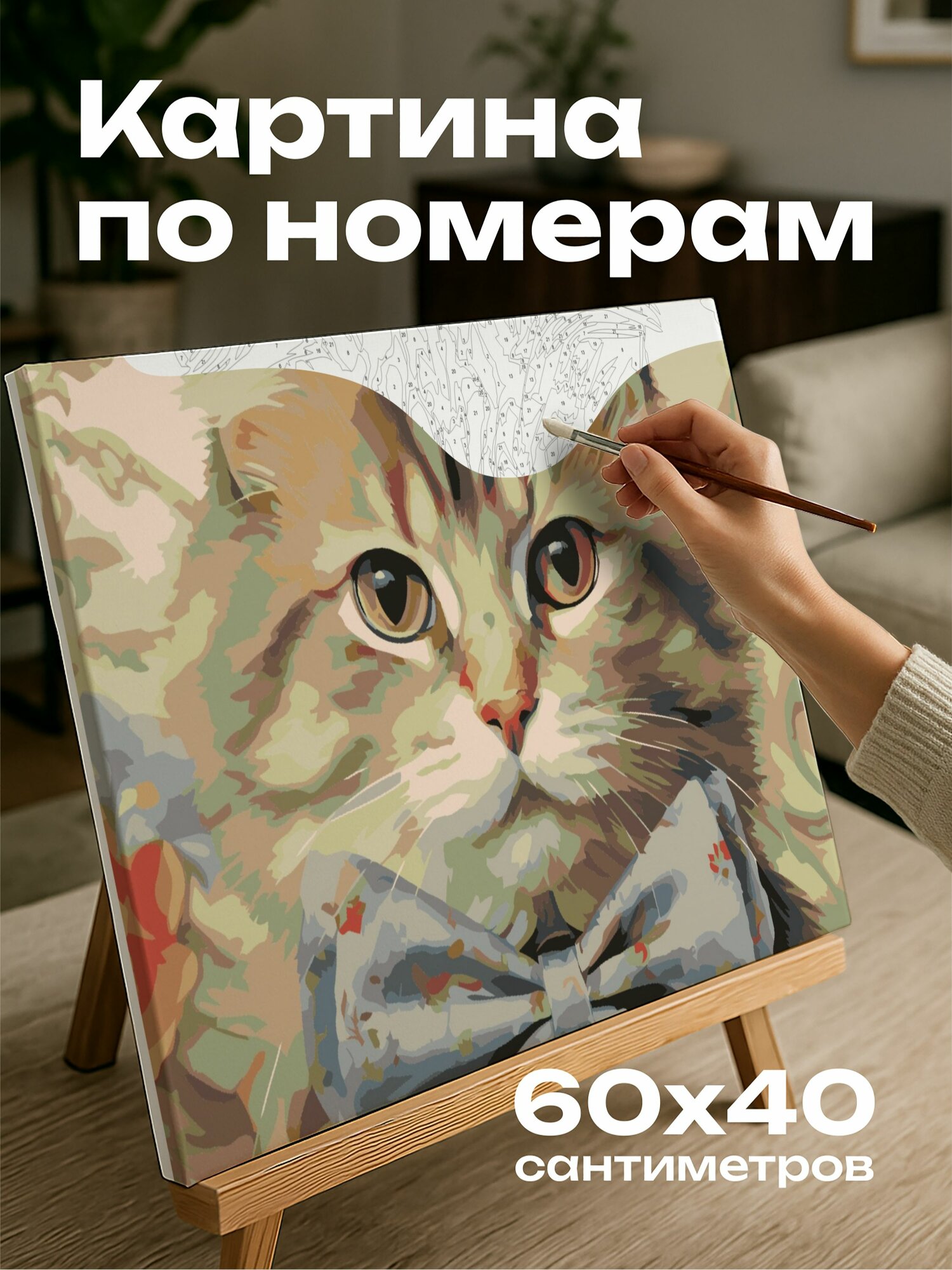 Картина по номерам 60x40 см, акварельная картина, викторианский стиль, царственный кот, кружевный воротничок