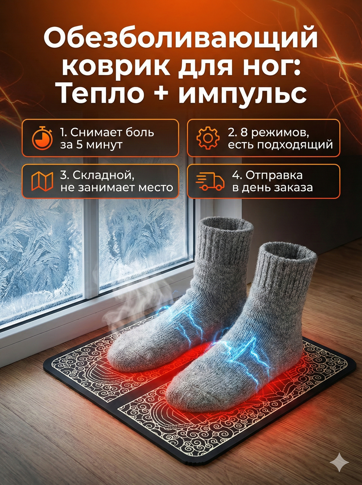 Массажный коврик, с подогревом, для ног, беспроводной, с массажем, черный