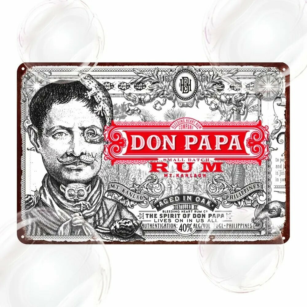 Металлическая декоративная пластина: Дизайн рома Don Papa 18 века, ретро, 20х30 см