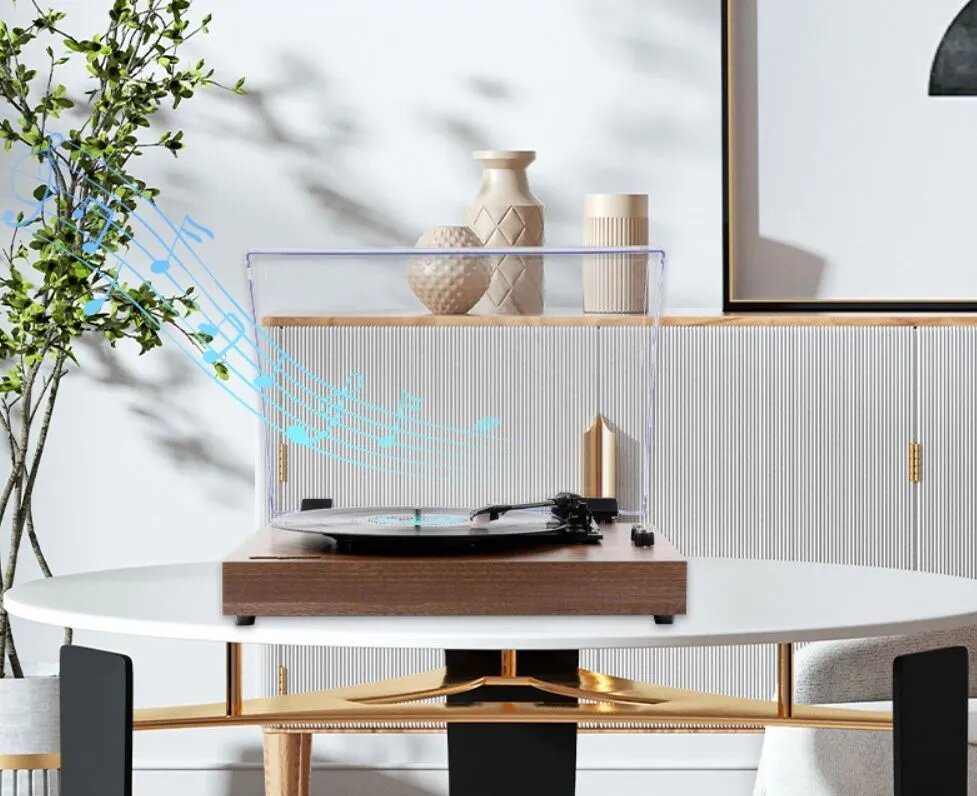 Проигрыватель виниловых пластинок ретро, коричневый, с Bluetooth и встроенными динамиками