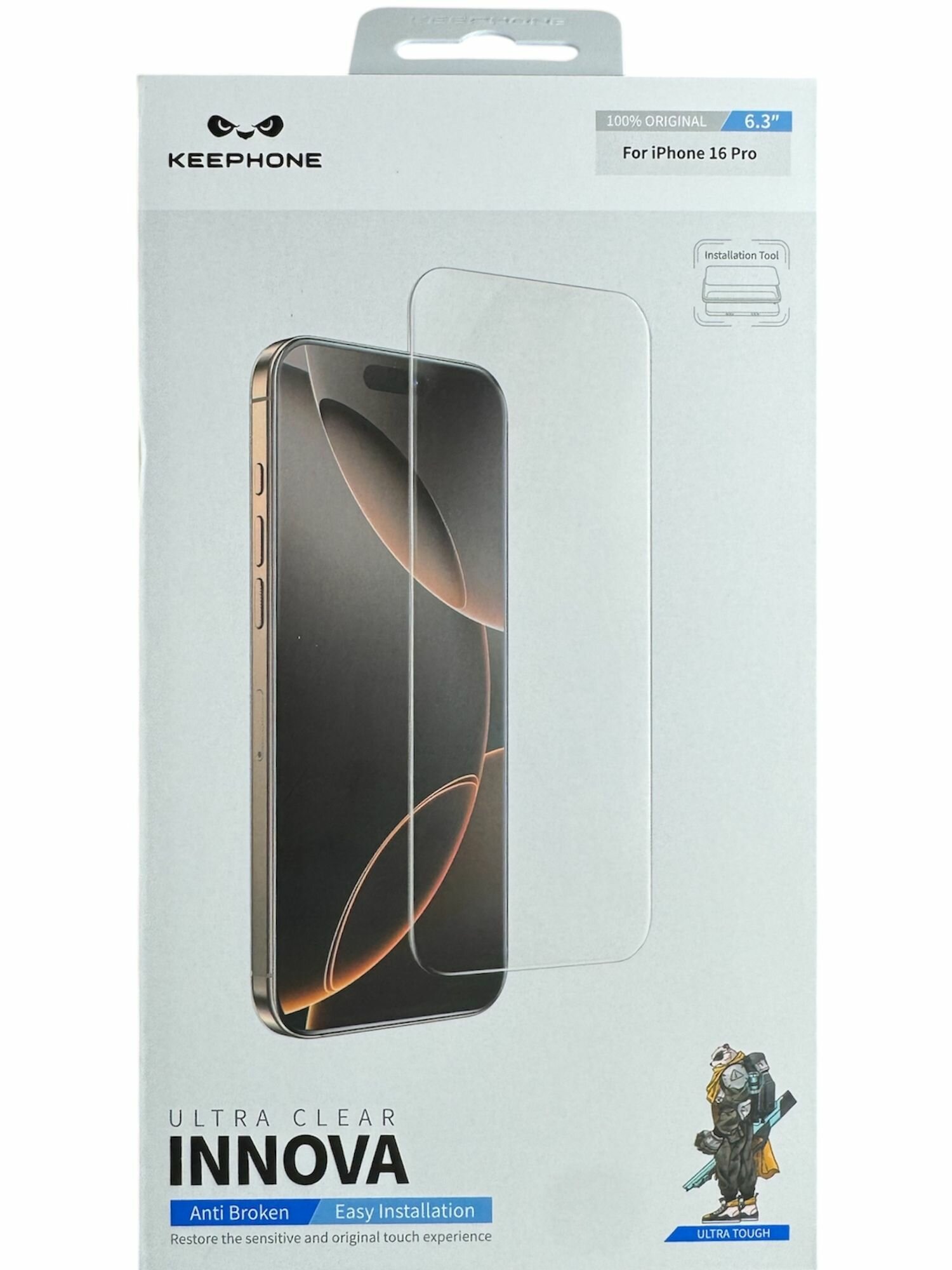 Защитное стекло KEEPHONE INNOVA (с Авто Установкой), для телефона IPHONE 16 PRO, противоударное стекло на Айфон 16 Про, усиленное, премиум, безрамочное, на весь экран
