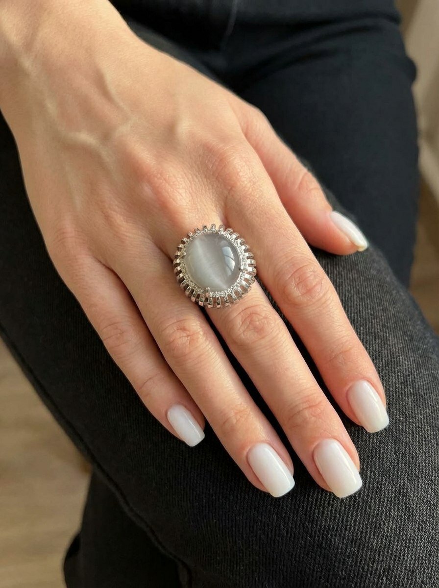 Кольцо широкое, серебро, 925 проба, родирование, циркон, кошачий глаз