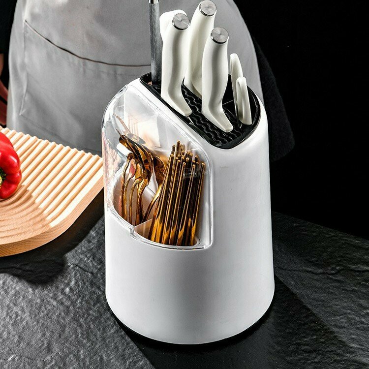 Кухонная пылезащитная вращающаяся подставка для ножей, многофункциональный держатель для палочек для еды и подставка для ножей, интегрированный ящик для хранения кухонных ножей.