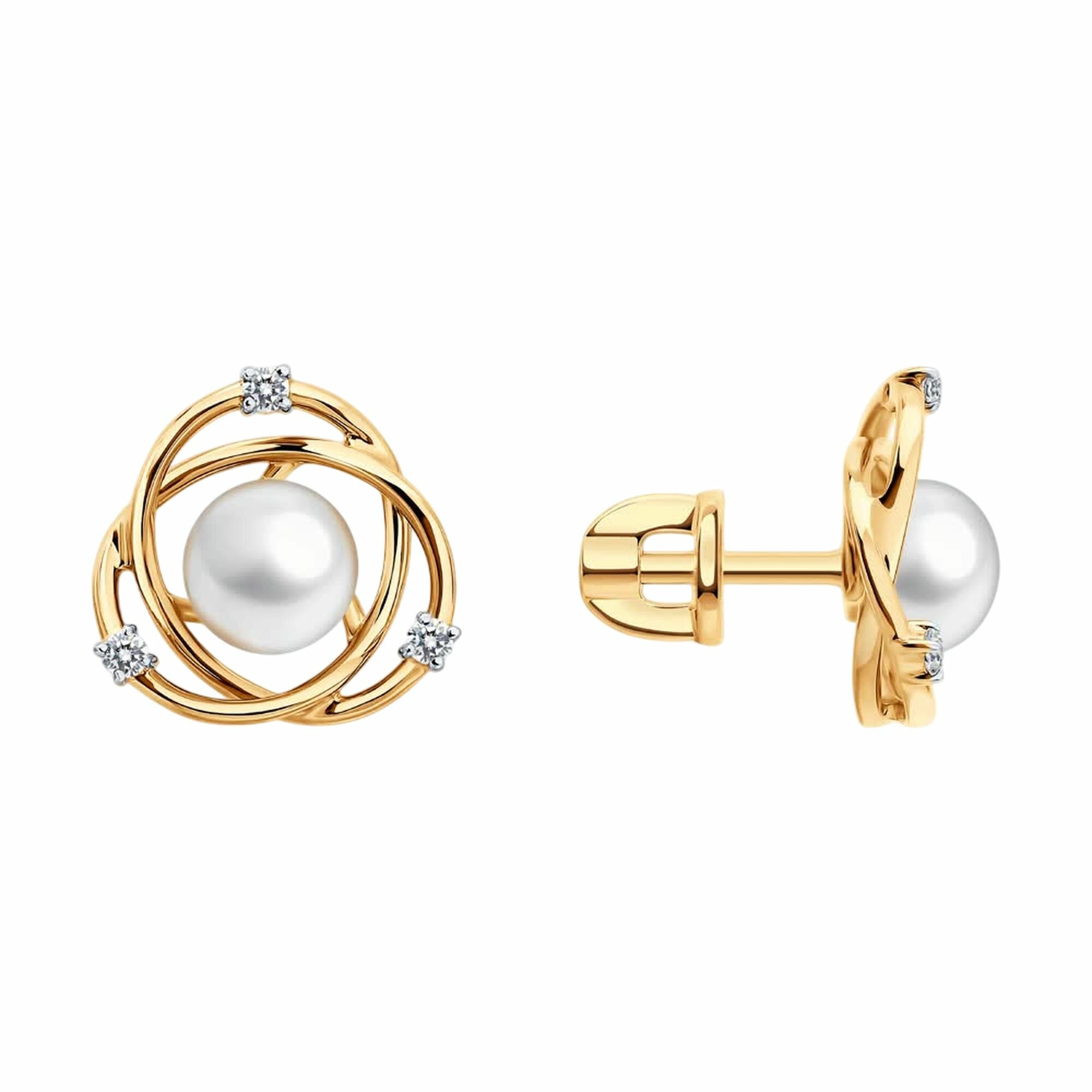 Серьги, красное золото, 585 проба, фианит, жемчуг