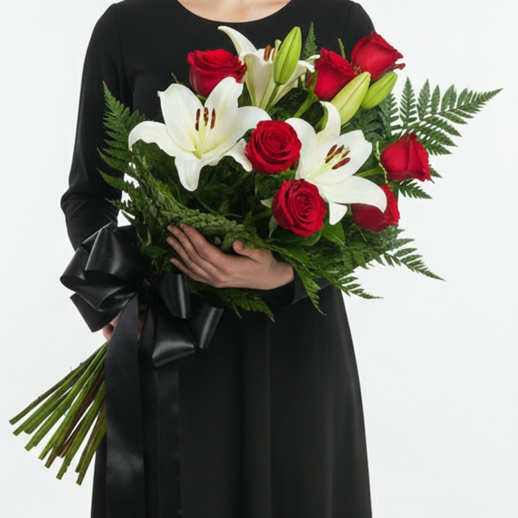 Траурный Букет Мегацвет24 "Розы и лилии", 60 см, сборка под ленту