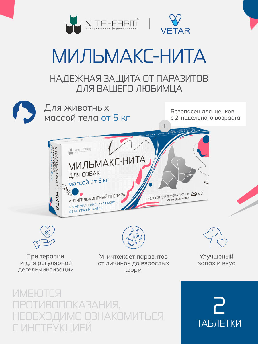 Таблетки NITA-FARM "Мильмакс-Нита", для собак весом более 5 кг, 2 шт