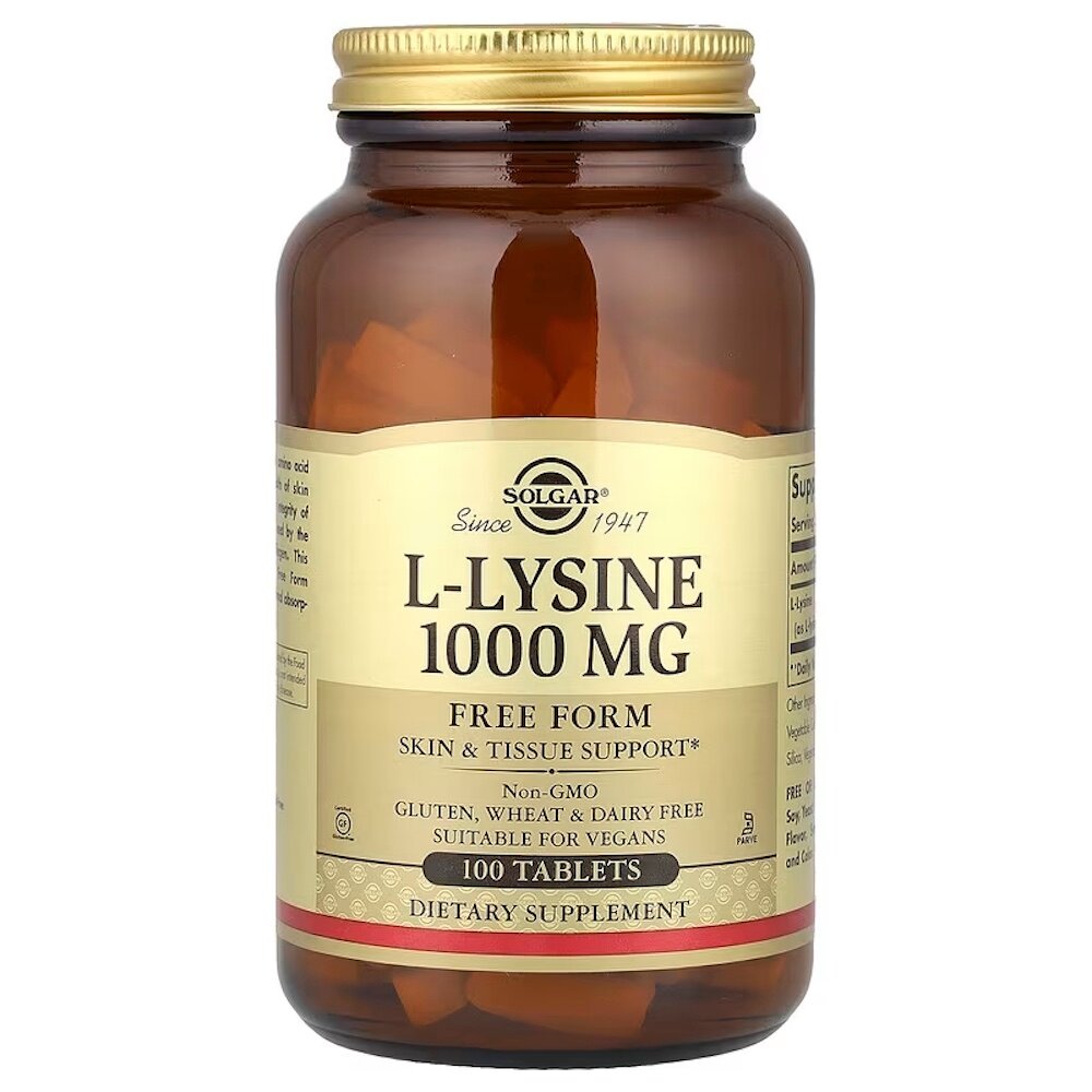 Solgar L-Lysine 1000 мг, аминокислота для иммунитета, кожи, волос, 100 таблеток
