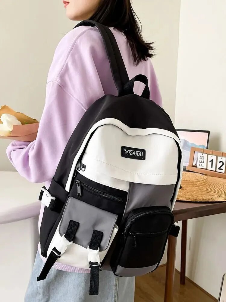 Рюкзак OZITI школьный для подростков текстильный ранец для девочек черный белый 40x28x11см