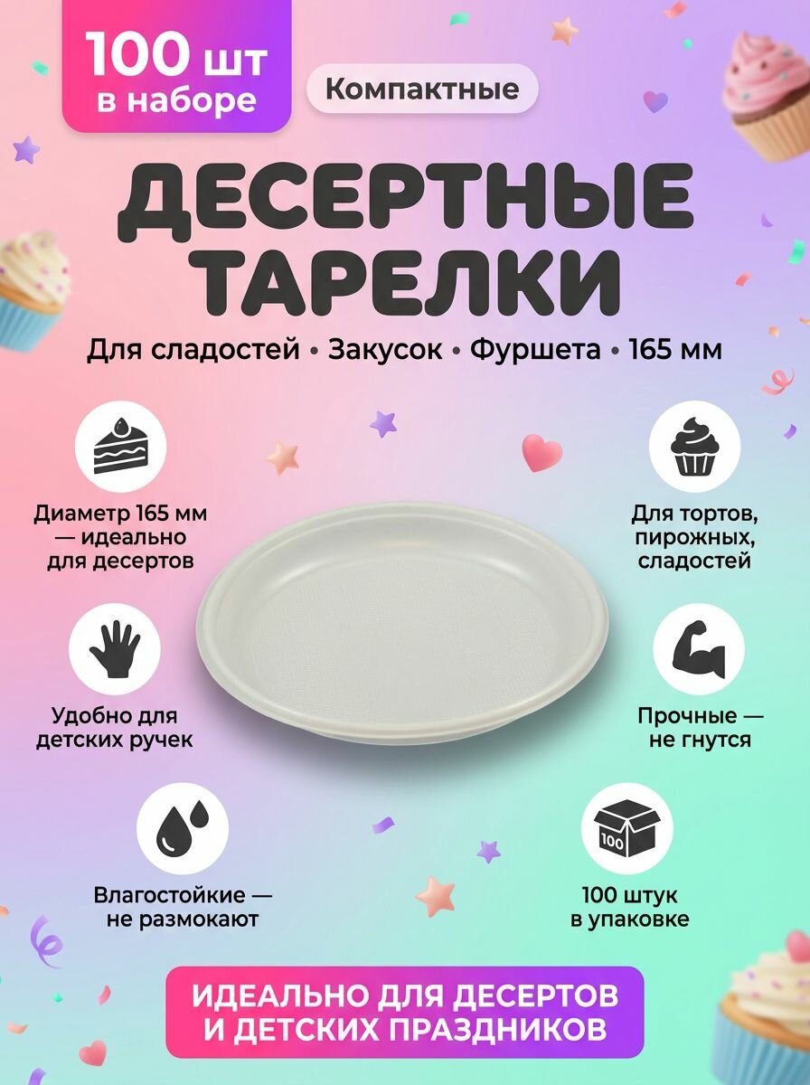 Тарелки одноразовые, 165 мм, набор 100 шт, для пикника, праздника, дачи