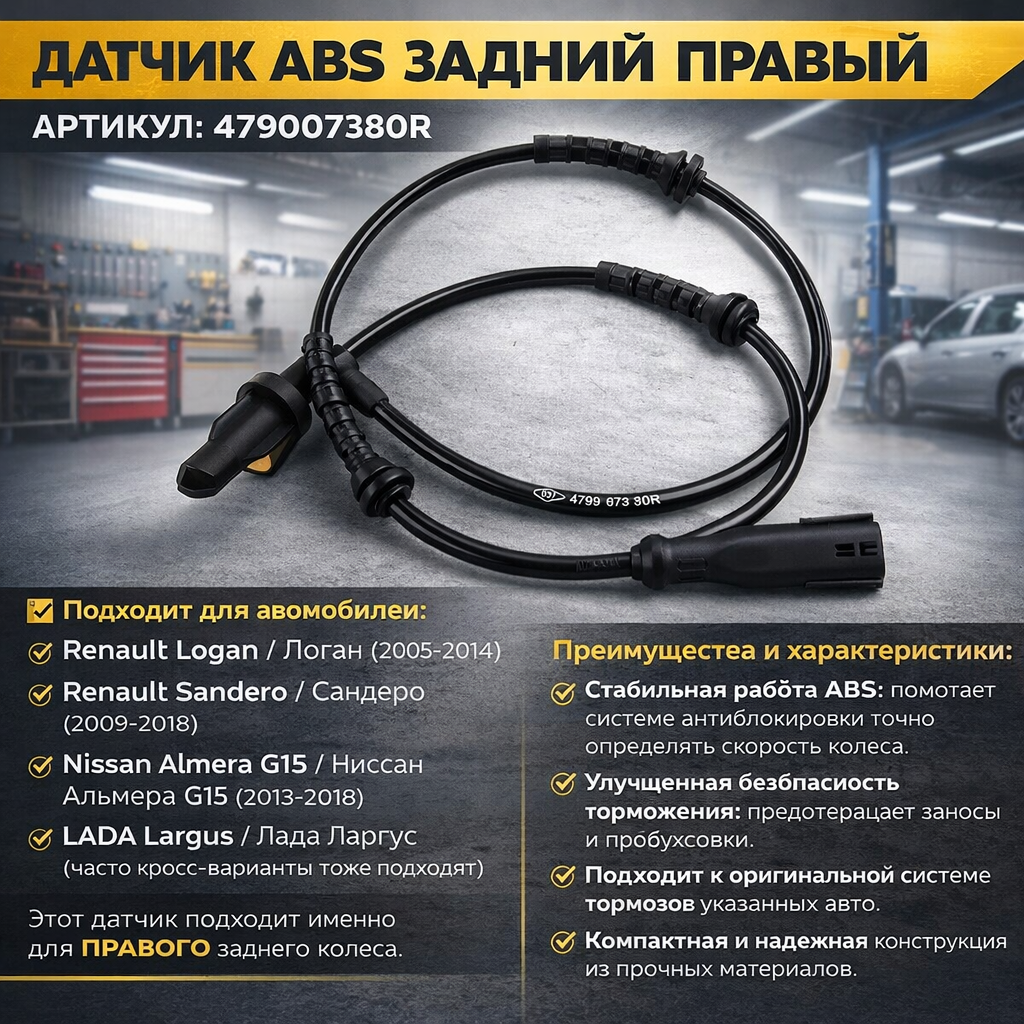 Датчик ABS задний правый 479007380R Подходит: Renault Logan Sandero Nissan Almera
