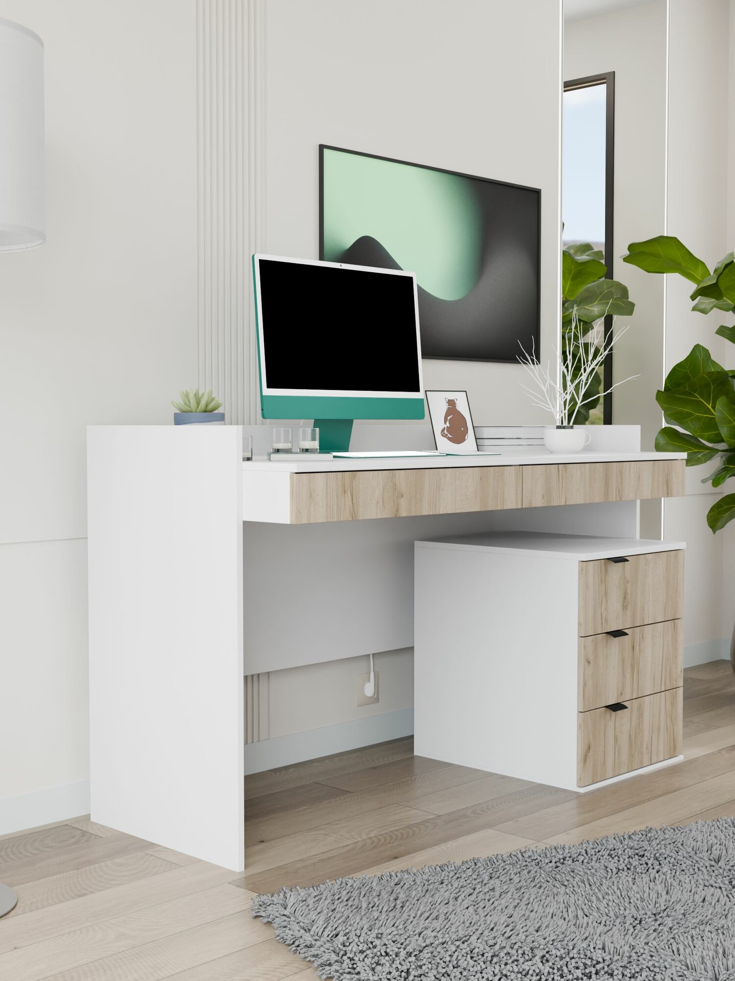 Изумлит Стол компьютерный для офиса и дома Бастион 140х87х64.5 см, корпус+столешница-белый/фасад-дуб крафт серый