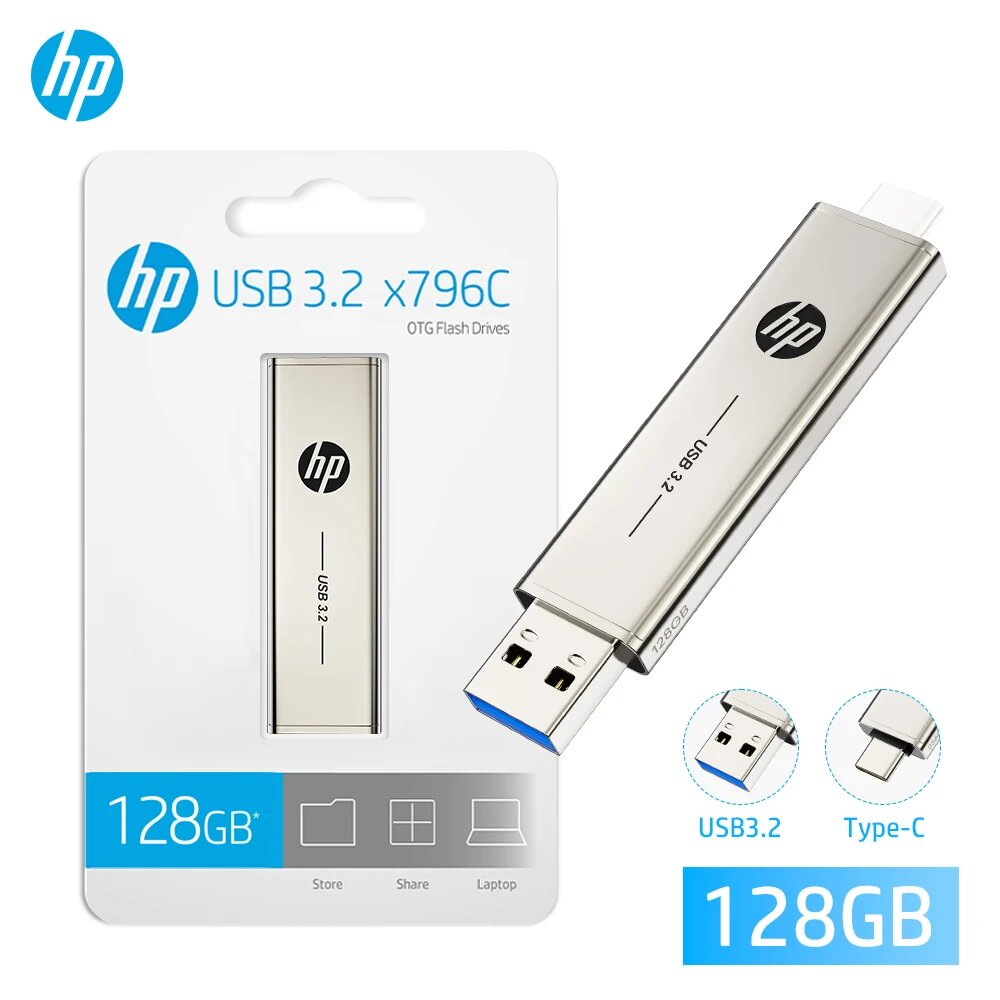 USB-флеш-накопитель HP Metal С Двойным Интерфейсом Type-C 3.2, Высокоскоростной, 100 МБ/с, 64 128GB