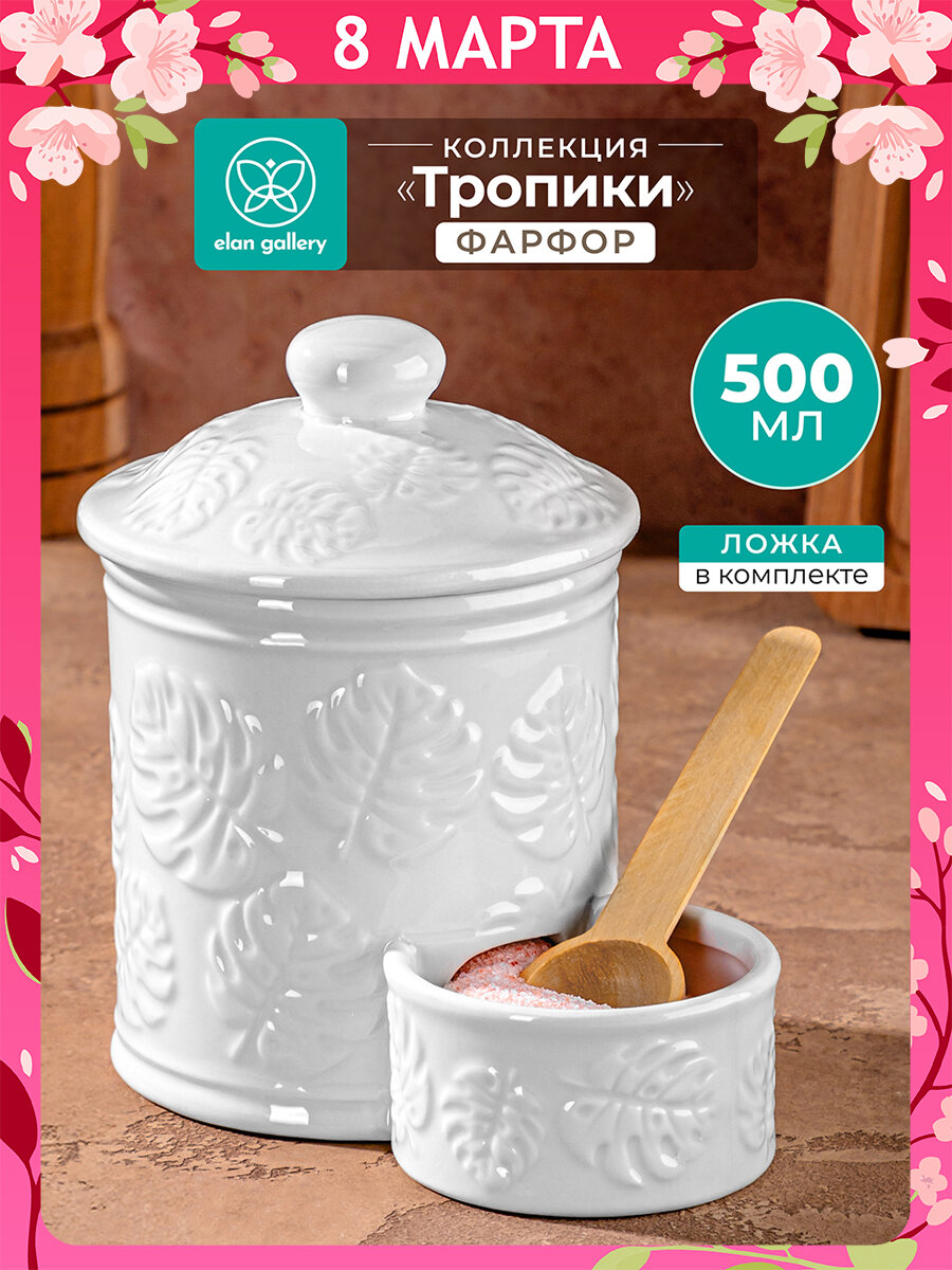 Банка для хранения сыпучих продуктов, соли 500 мл Elan Gallery Тропики + деревянная ложка + крышка