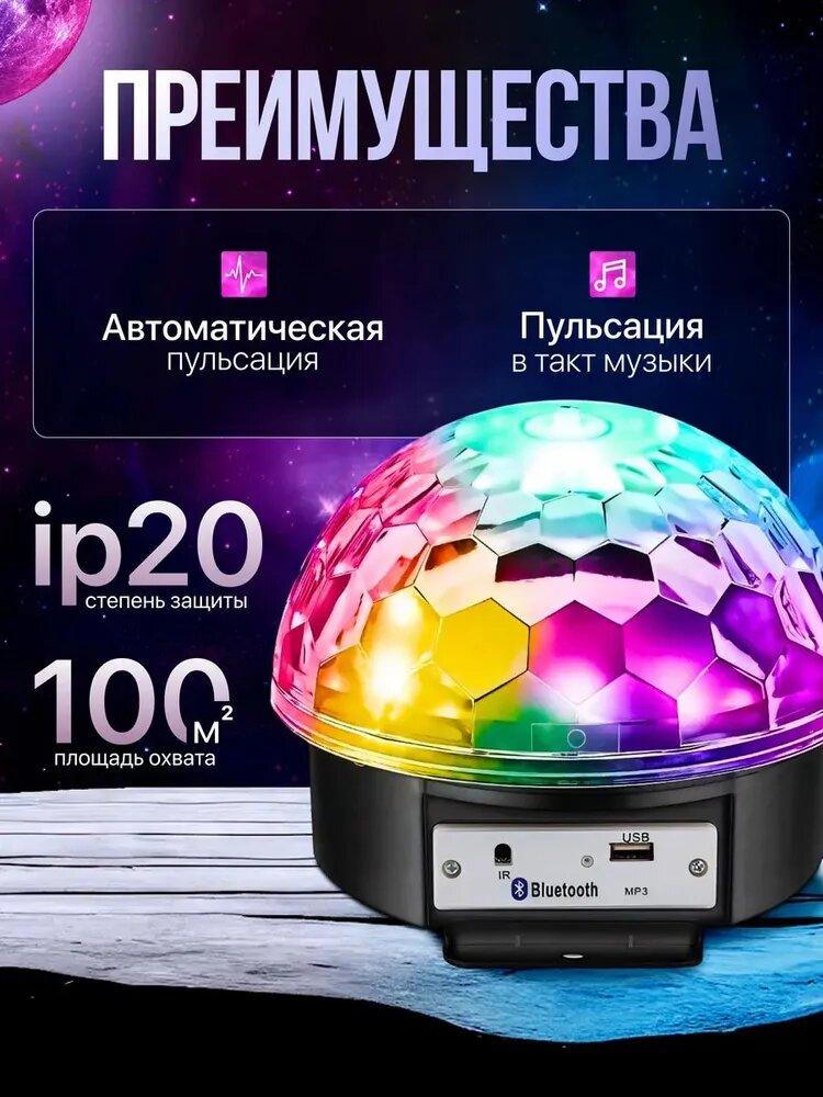 Светодиодный диско-шар Led Magic Ball с пульсацией, управление с пульта, для дома