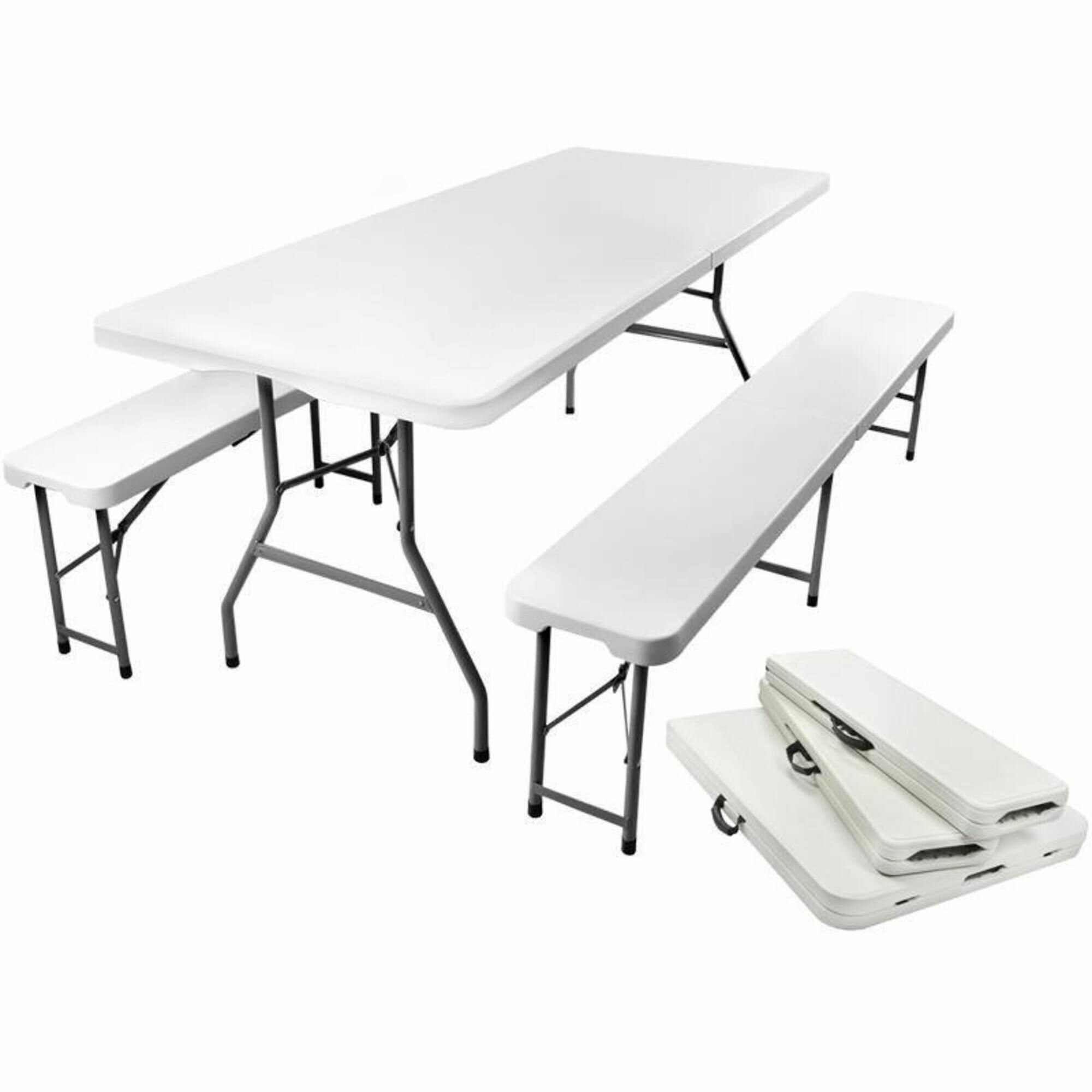 ISO TRADE Складной кемпинговый стол, 180 см с 2 скамейками, Decathlon, Цвет: Белый