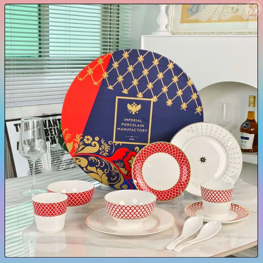 Обеденный сервиз Imperial Porcelain Manufactory из костяного фарфора на 10 предметов, белый и красный цвет