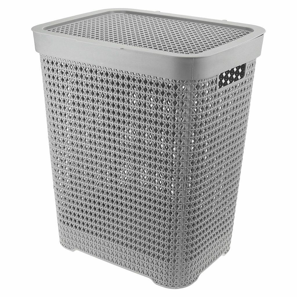 Корзина для белья КНР пластмассовая, с крышкой и ручками, серого цвета, 50 л (915)