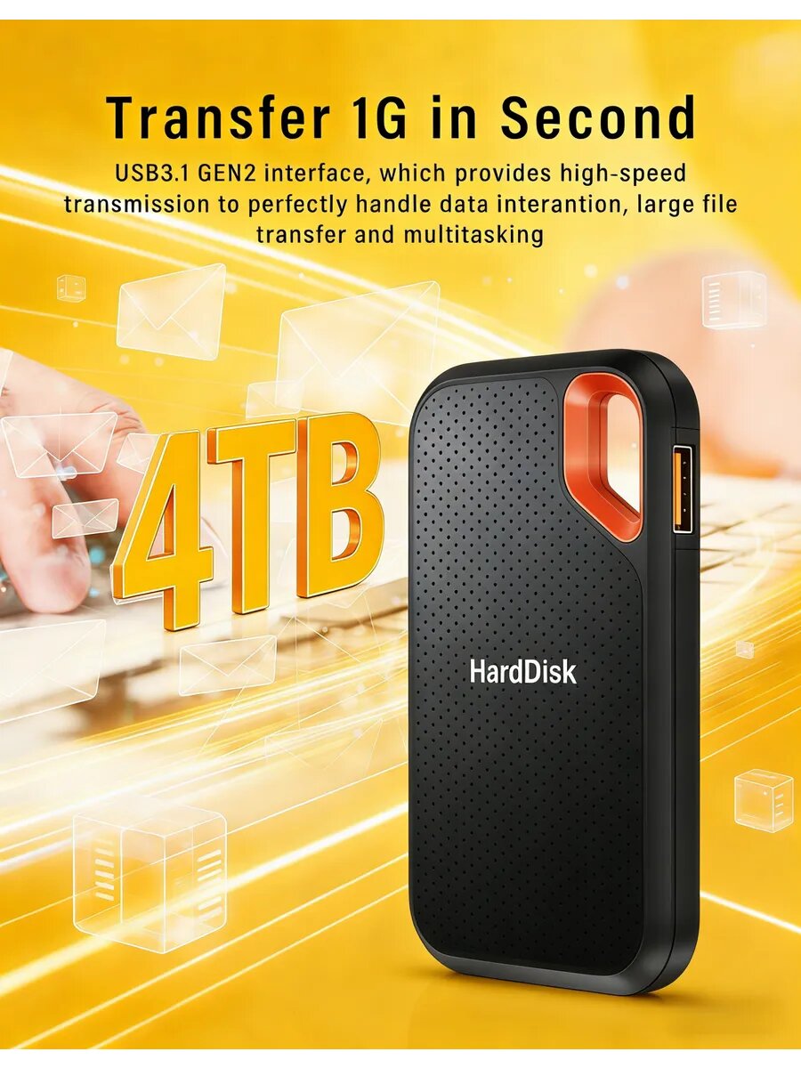 Портативный твердотельный накопитель, до 1050 МБ/с USB-C,4ТB