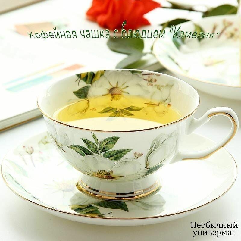 Чайный набор "Камелия", костяной фарфор, 2 персоны, 240мл, с блюдцем