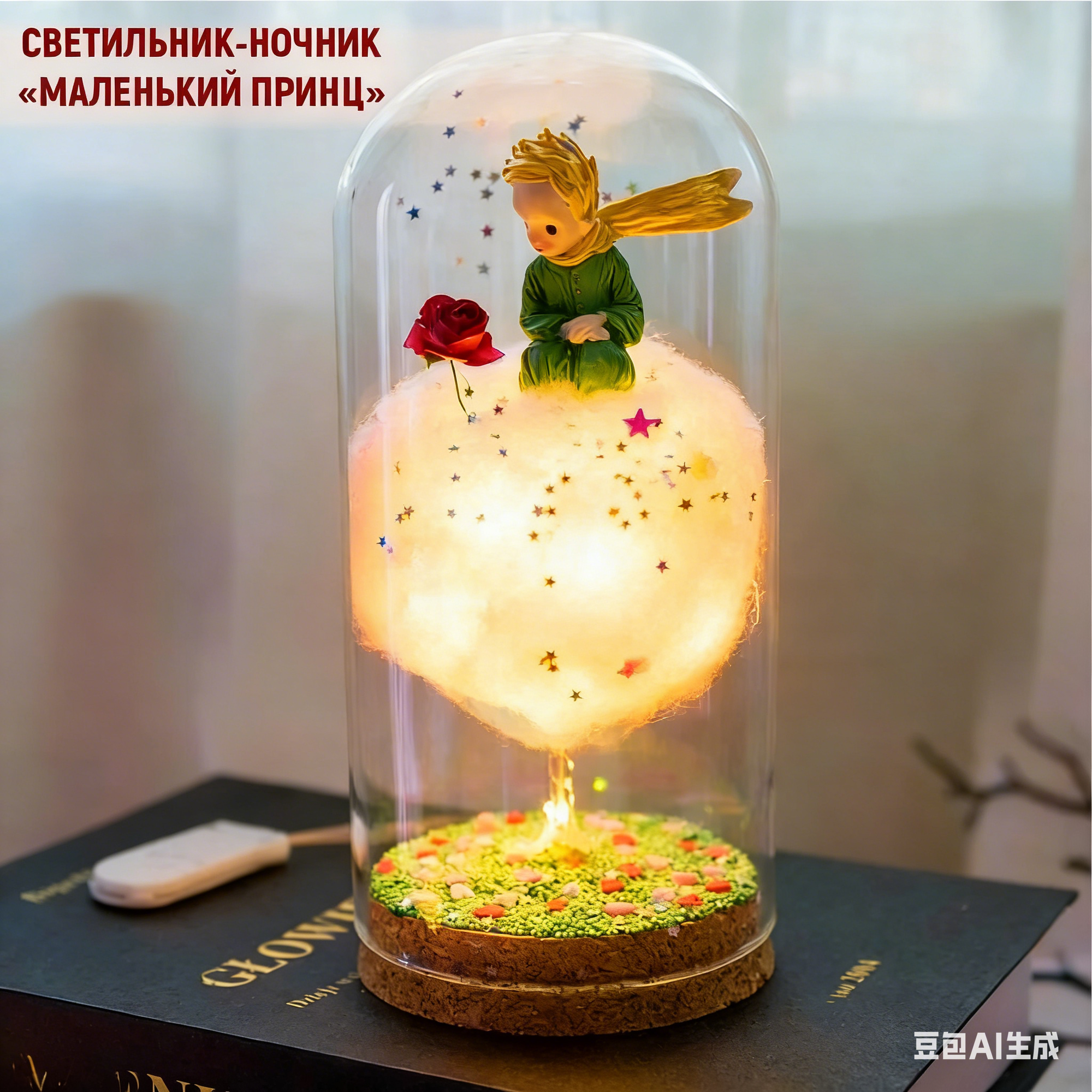 Ночник "Маленький принц", стекло/пластик, на облачке, прозрачный
