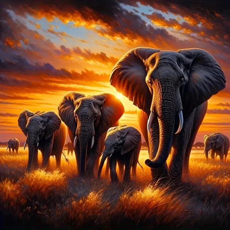 Алмазная мозаика "Слоны на закате", 40x40 см, Full Square
