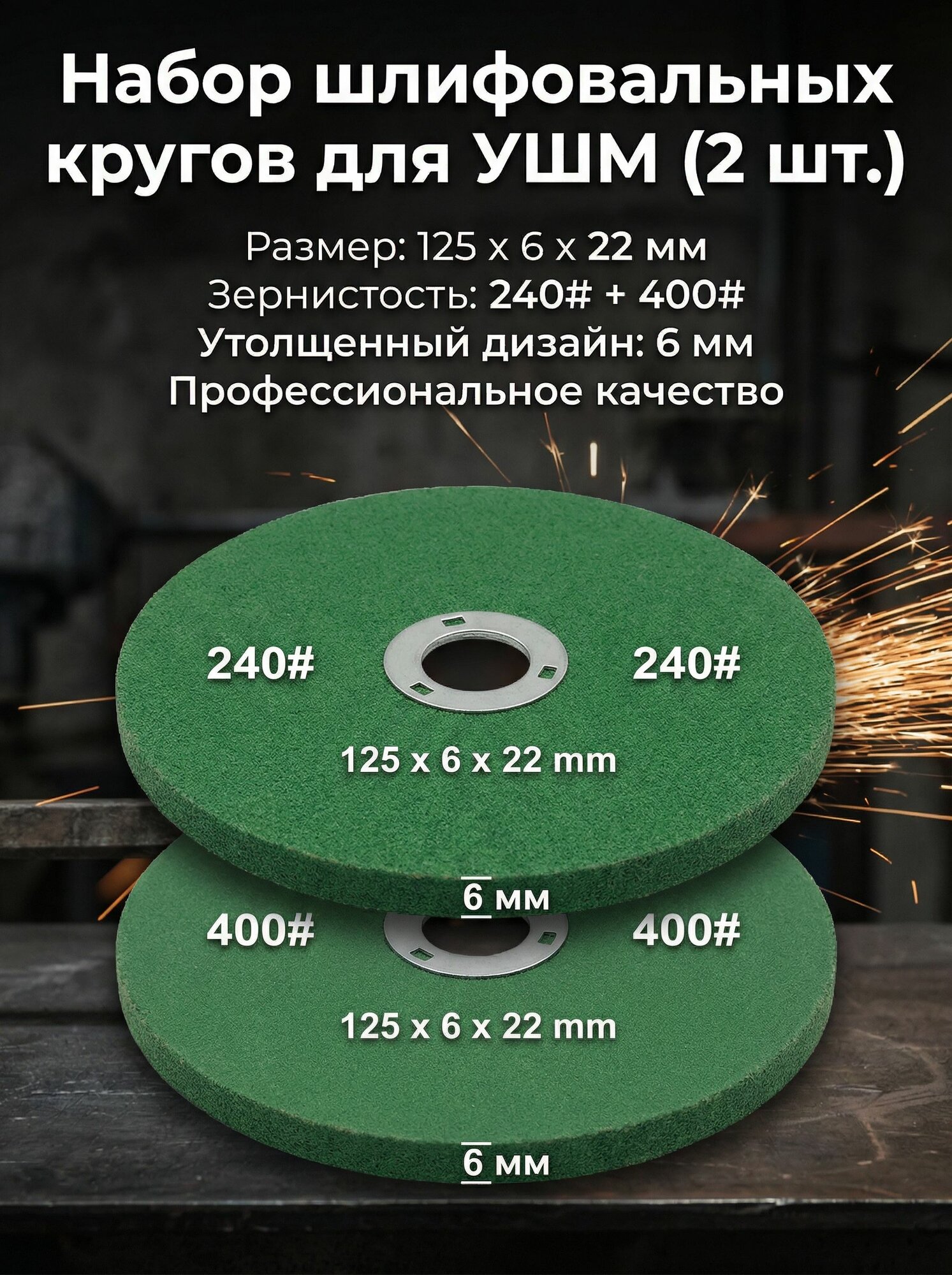 Шлифовальный круг для заточки 125 мм, 240-400, для УШМ, точильный камень сетчатый, 2 шт