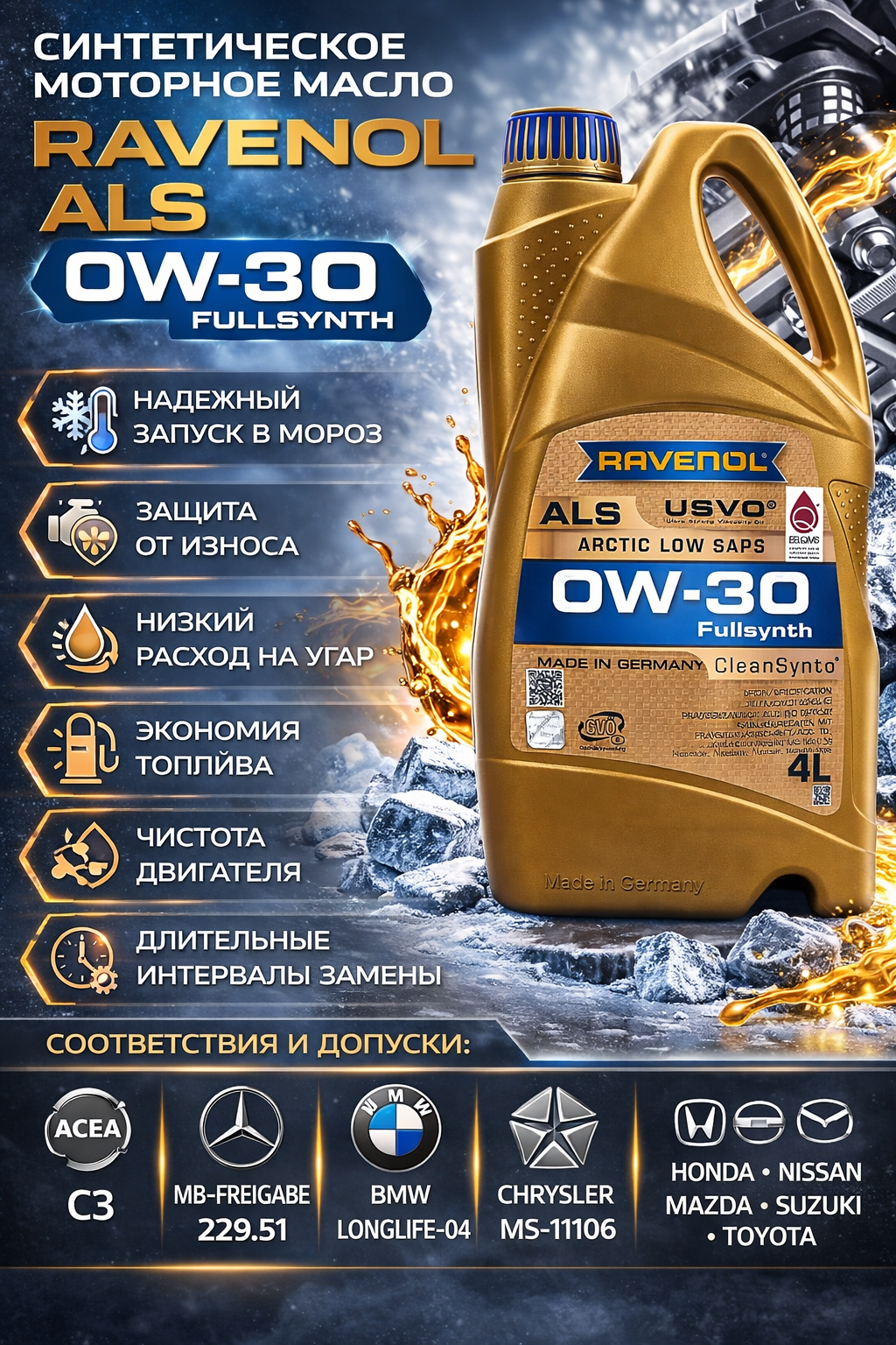 Масло моторное RAVENOL Arctic Low SAPS ALS 0W-30, 4 литра, синт