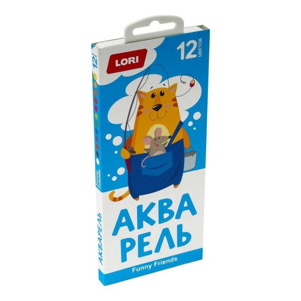 Акварель Funny Friends 12 цветов, без кисти, удобная петля, яркие оттенки, голубая упаковка, для детского творчества