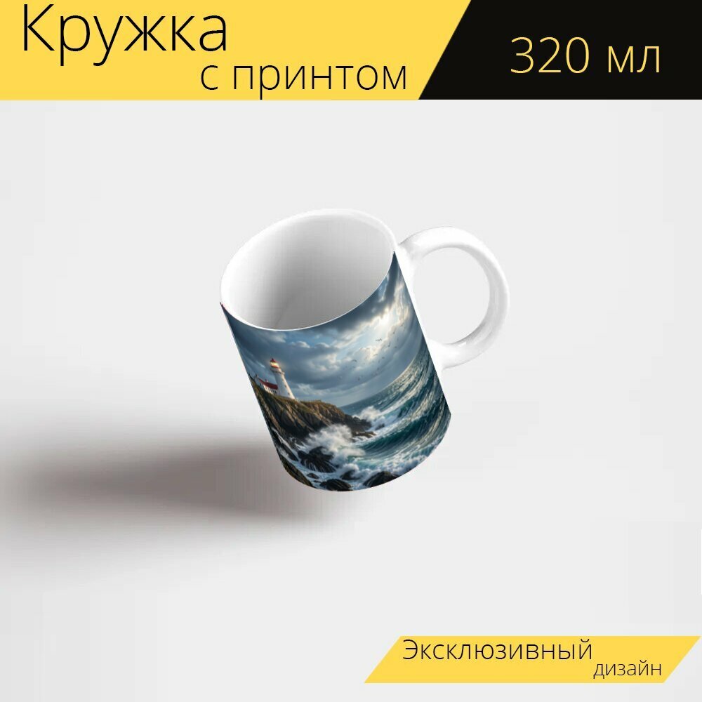 Кружка с рисунком, принтом "Маяк на скалистом берегу. Одинокая башня с красной крышей стоит у обрывистого побережья, вокруг бурные волны, брызги и стая чаек. Драматичный." 320 мл.
