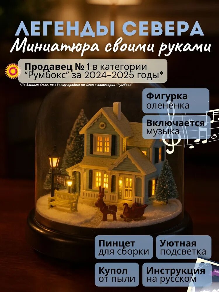 Музыкальный румбокс с русской инструкцией, куполом, Тоторо, подсветкой "Сказочный Сад" (интерьерный конструктор домик Yarvita миниатюра DIY House)