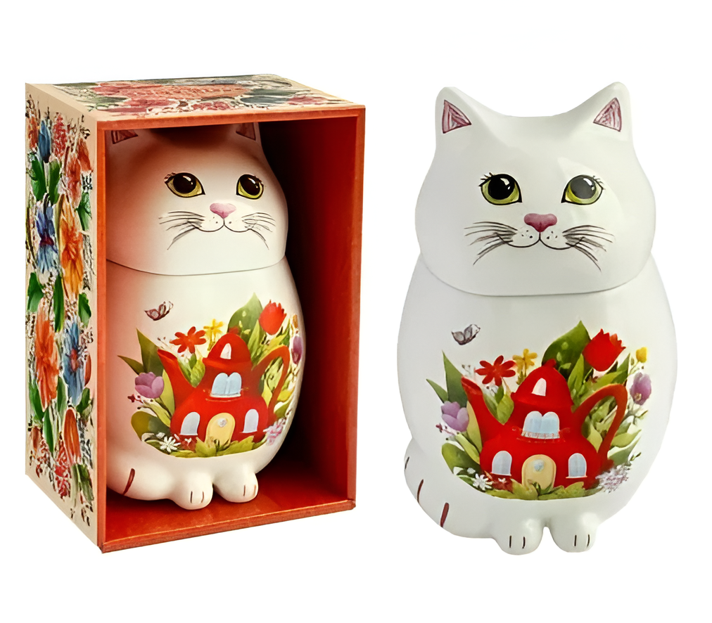 Чай GET&JOY Кот - Веселый чайник, черный, керамическая чайница, 50 гр